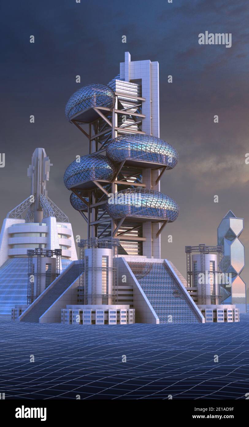 3D Illustration of futuristic city architecture with ovoid glass ...