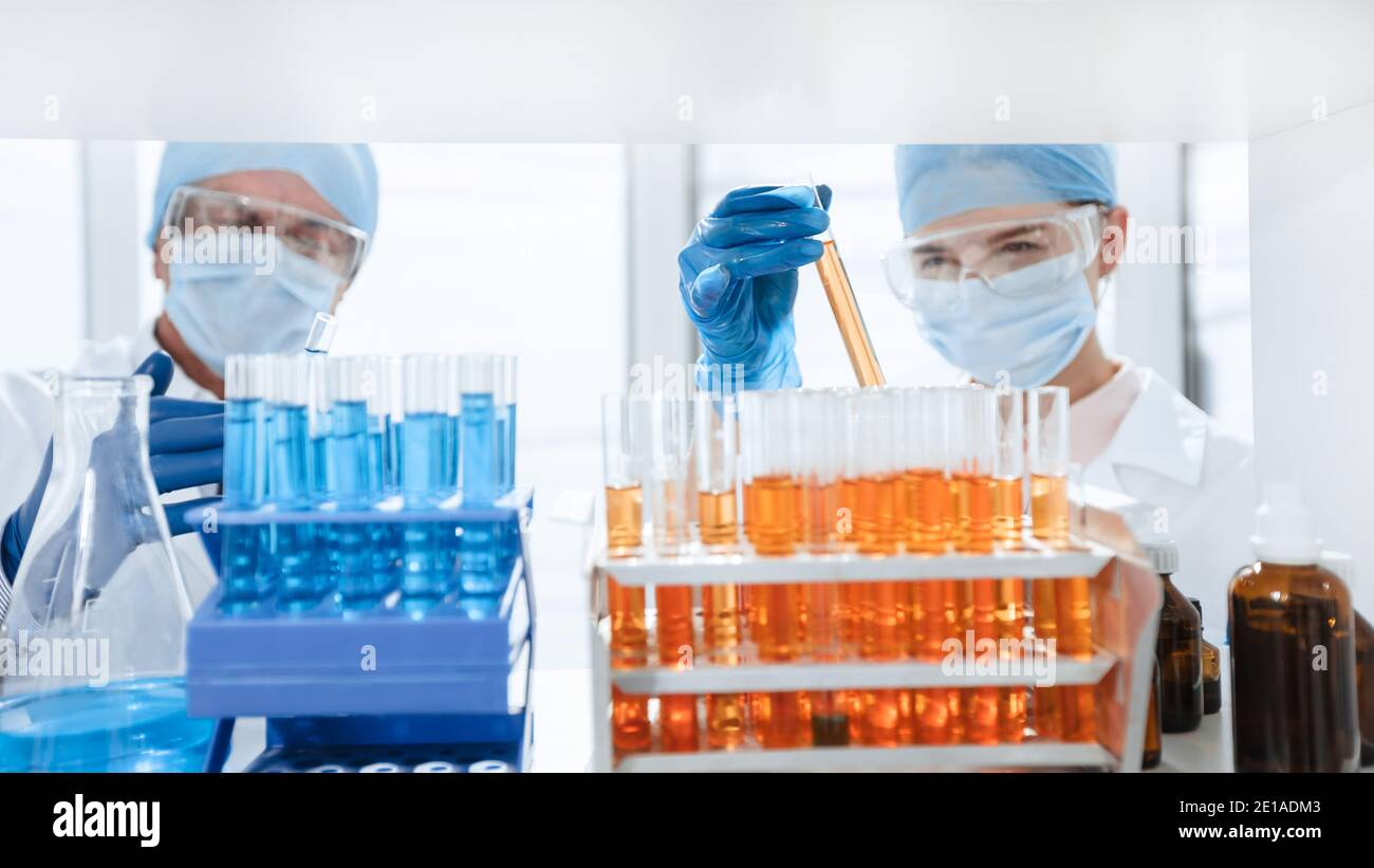 close up. test tubes on the table in the biochemical laboratory Stock ...
