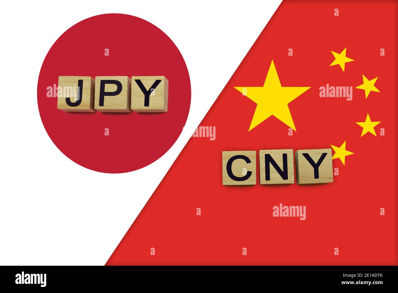 Japan and China currencies codes on national flags background ...