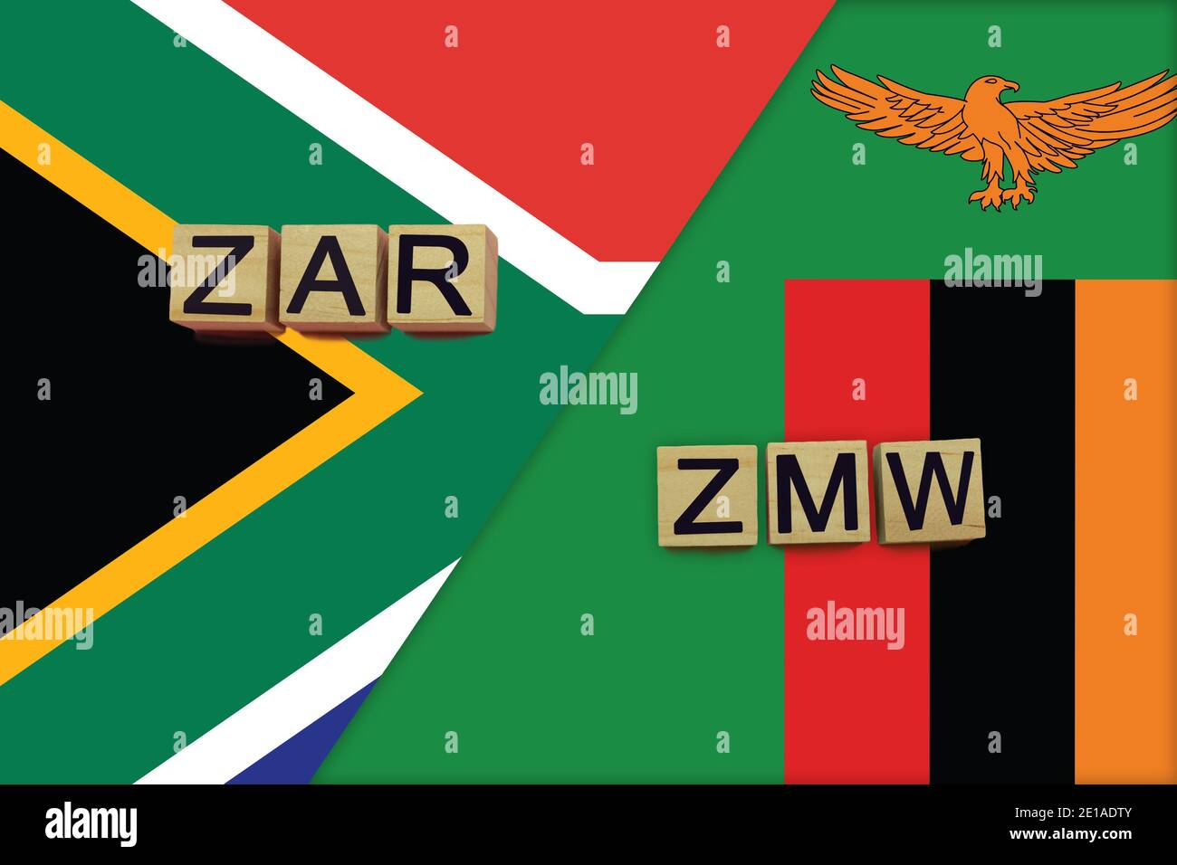 South Africa and Zambia currencies codes on national flags background ...