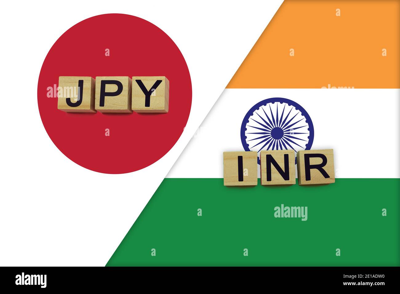 Japan and India currencies codes on national flags background ...