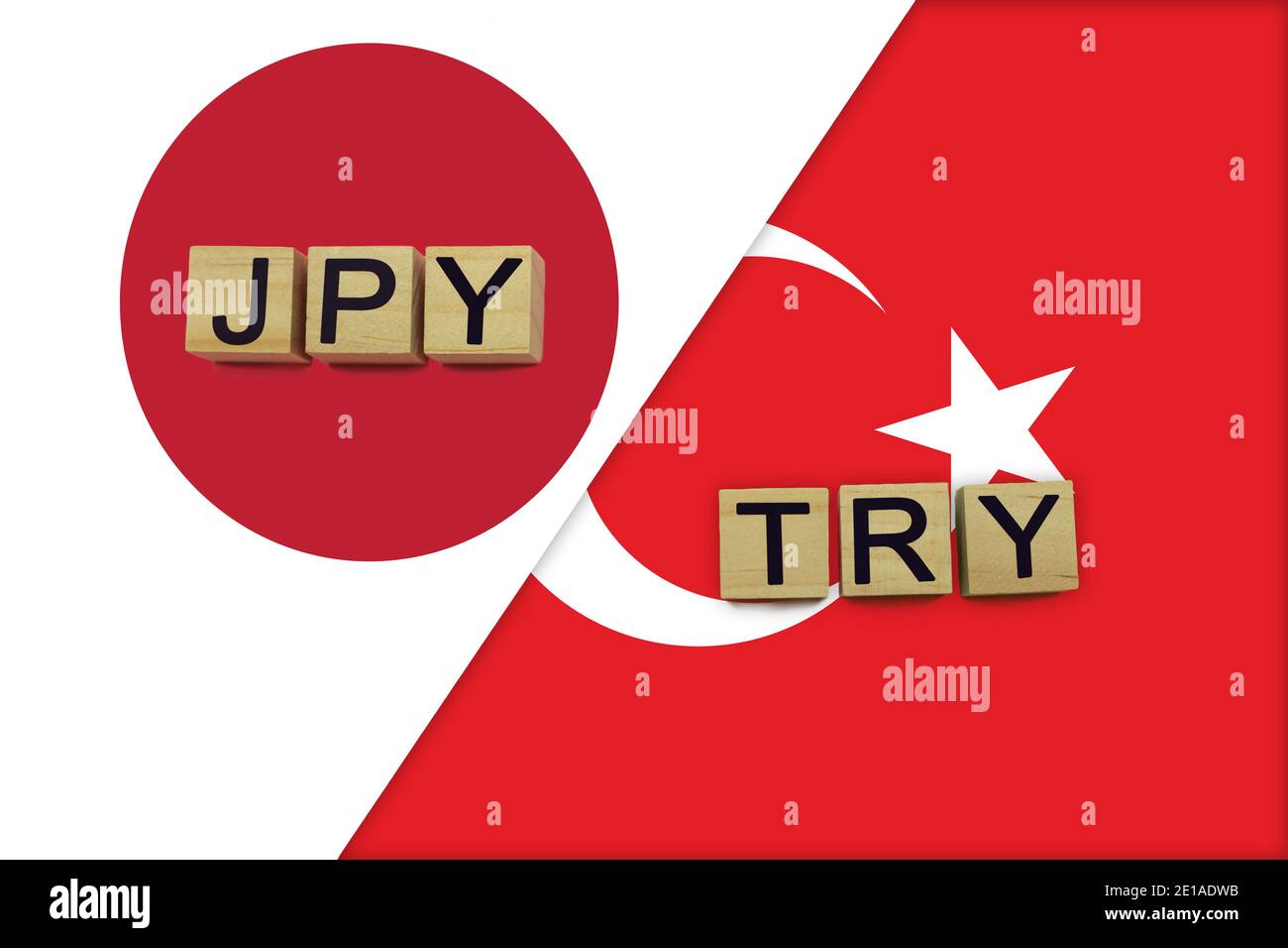 Japan and Turkey currencies codes on national flags background ...