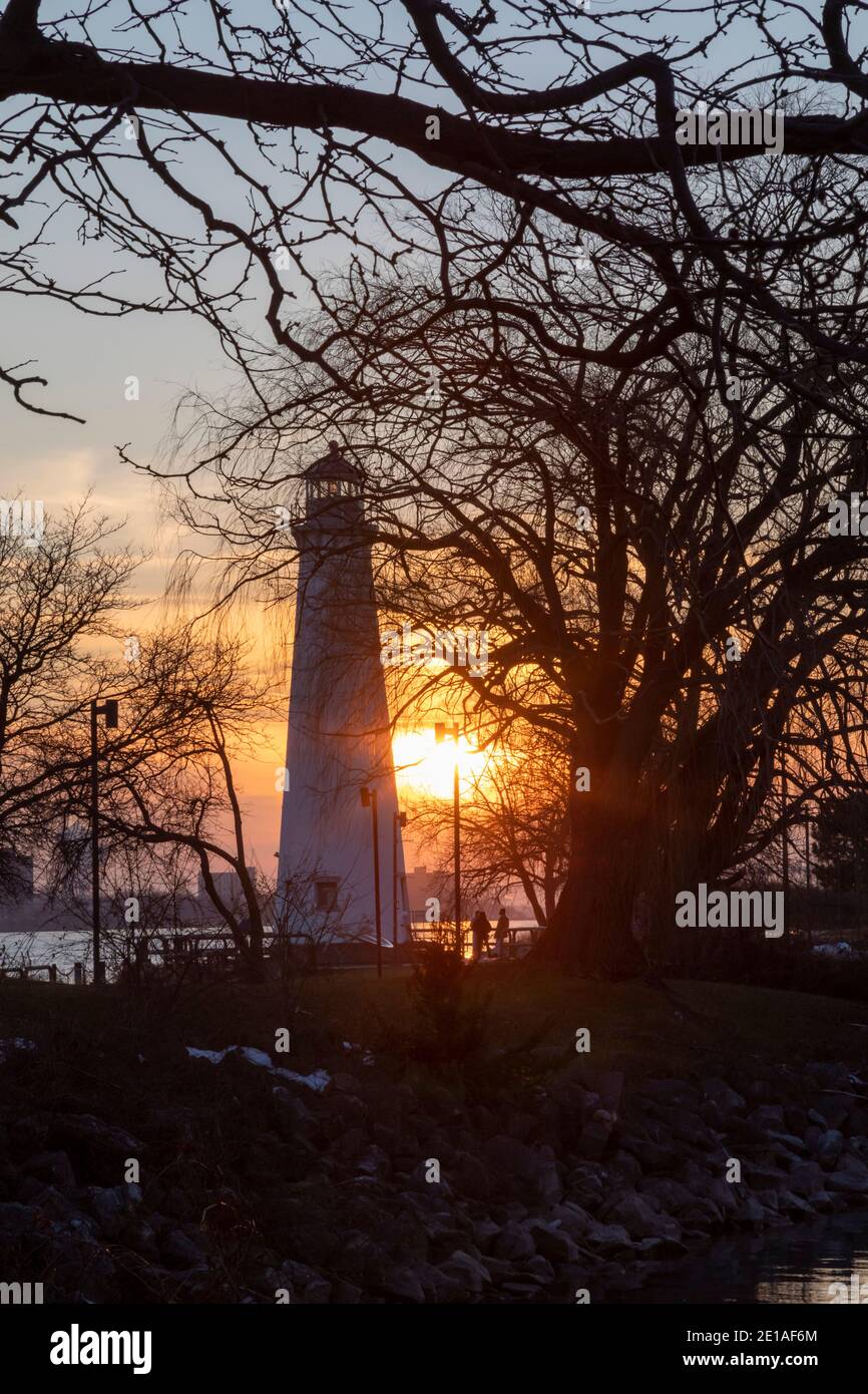 Detroit, Michigan - Sunset over the Detroit River. The Milliken State ...