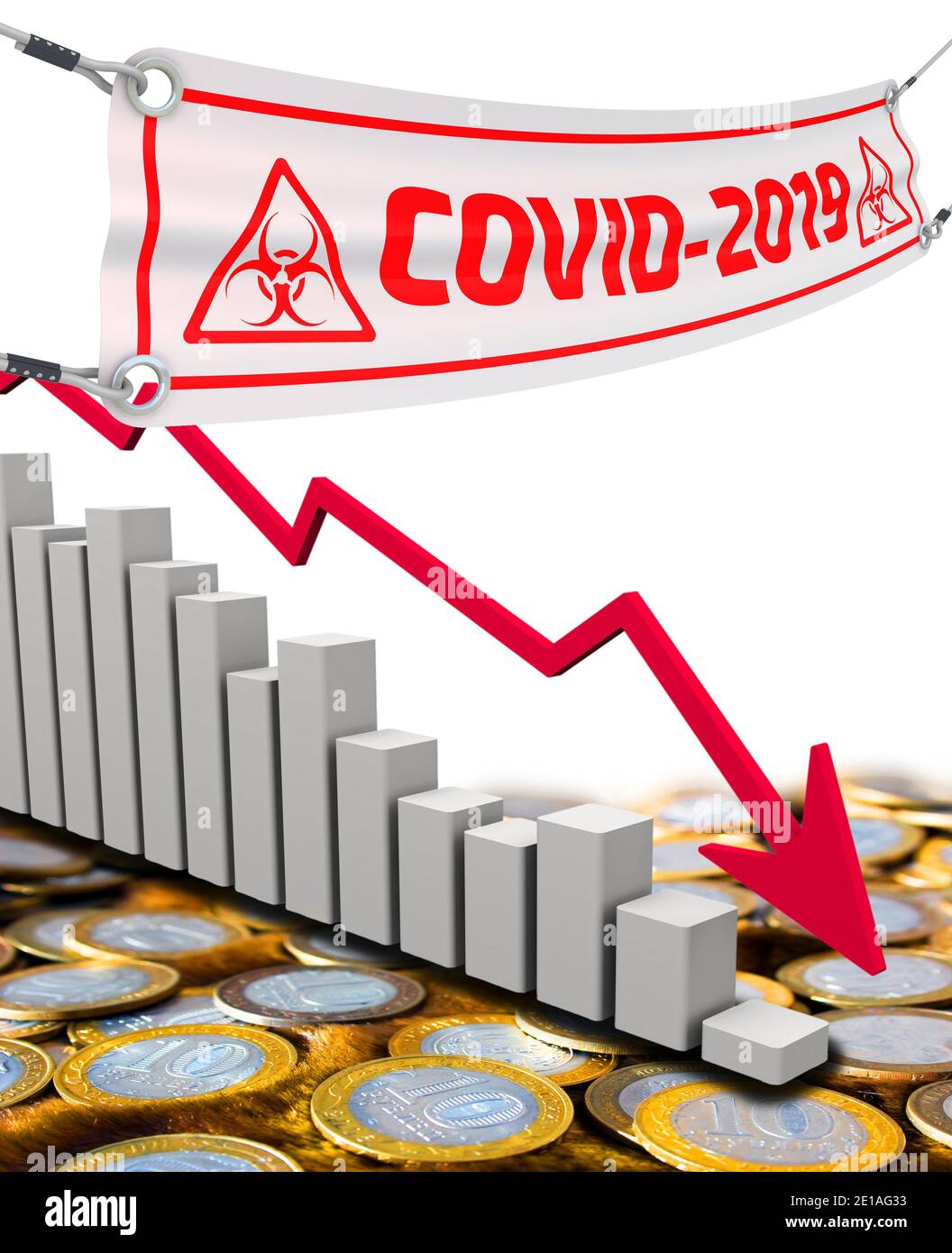 Falling income amid the COVID-19 pandemic. Chart of falling with red ...