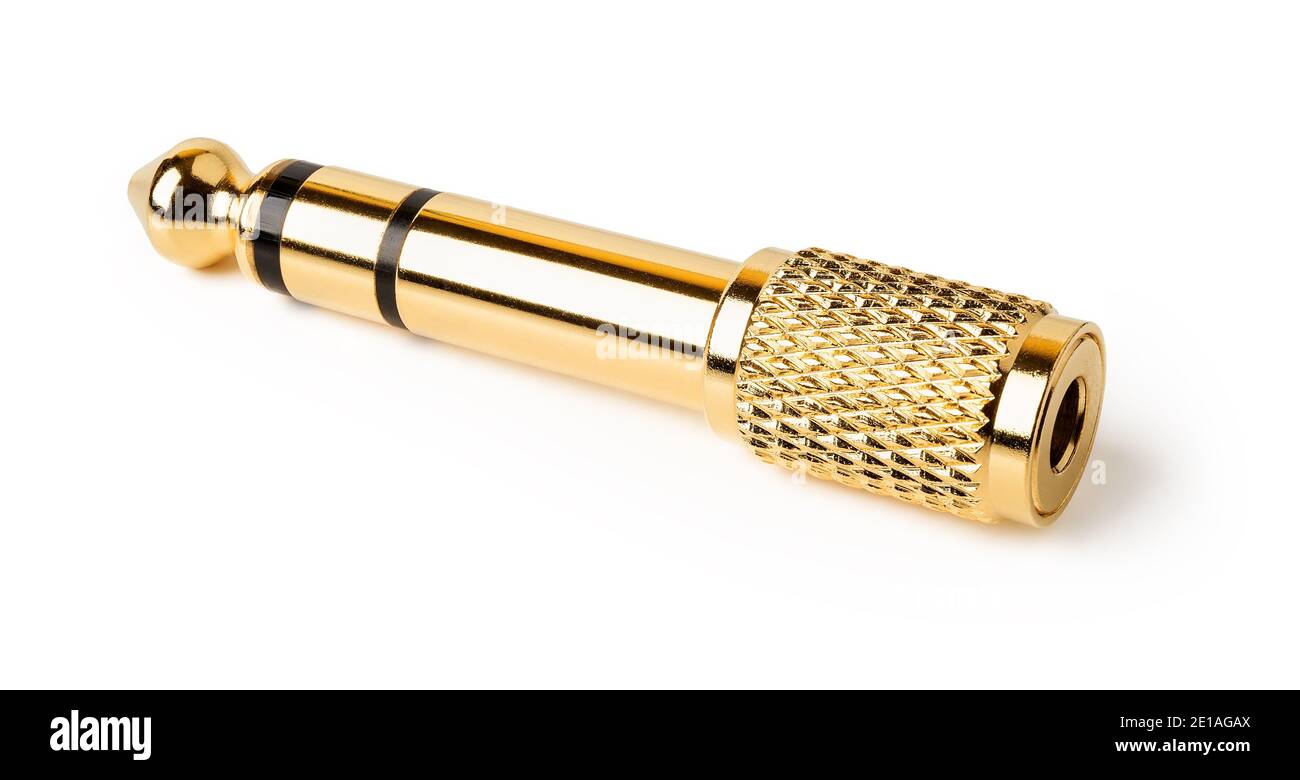 Golden TRS adapter isolated on white background. Gold plated stereo ...