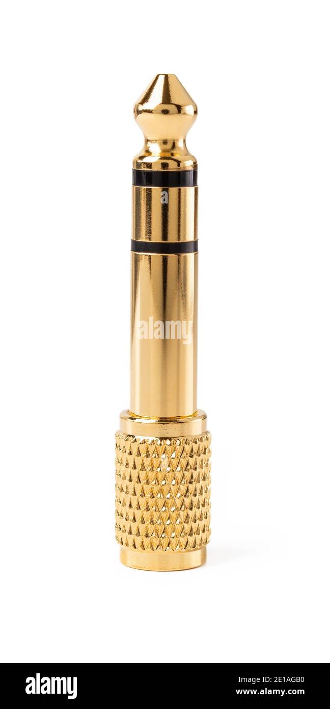 Golden TRS adapter standing upright isolated on white background. Gold ...