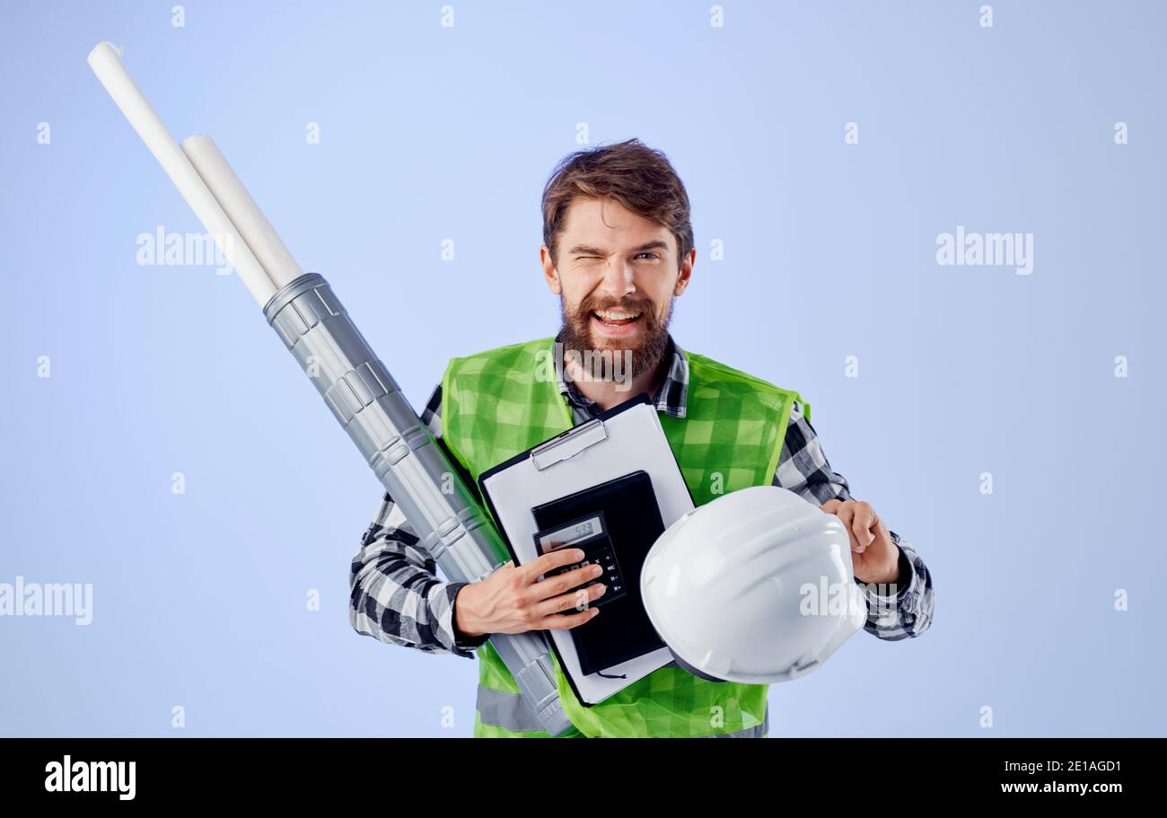 emotional man builder engineer blueprints work professional Stock Photo ...