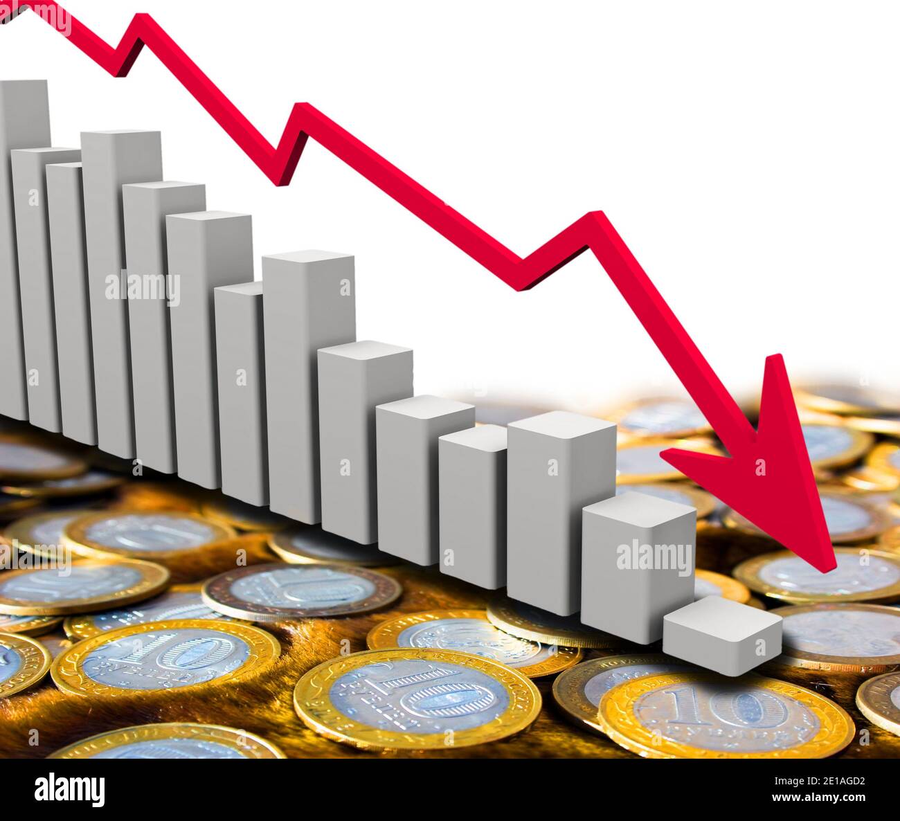 Chart of falling with red arrow on the surface of Russian coins. 3D ...