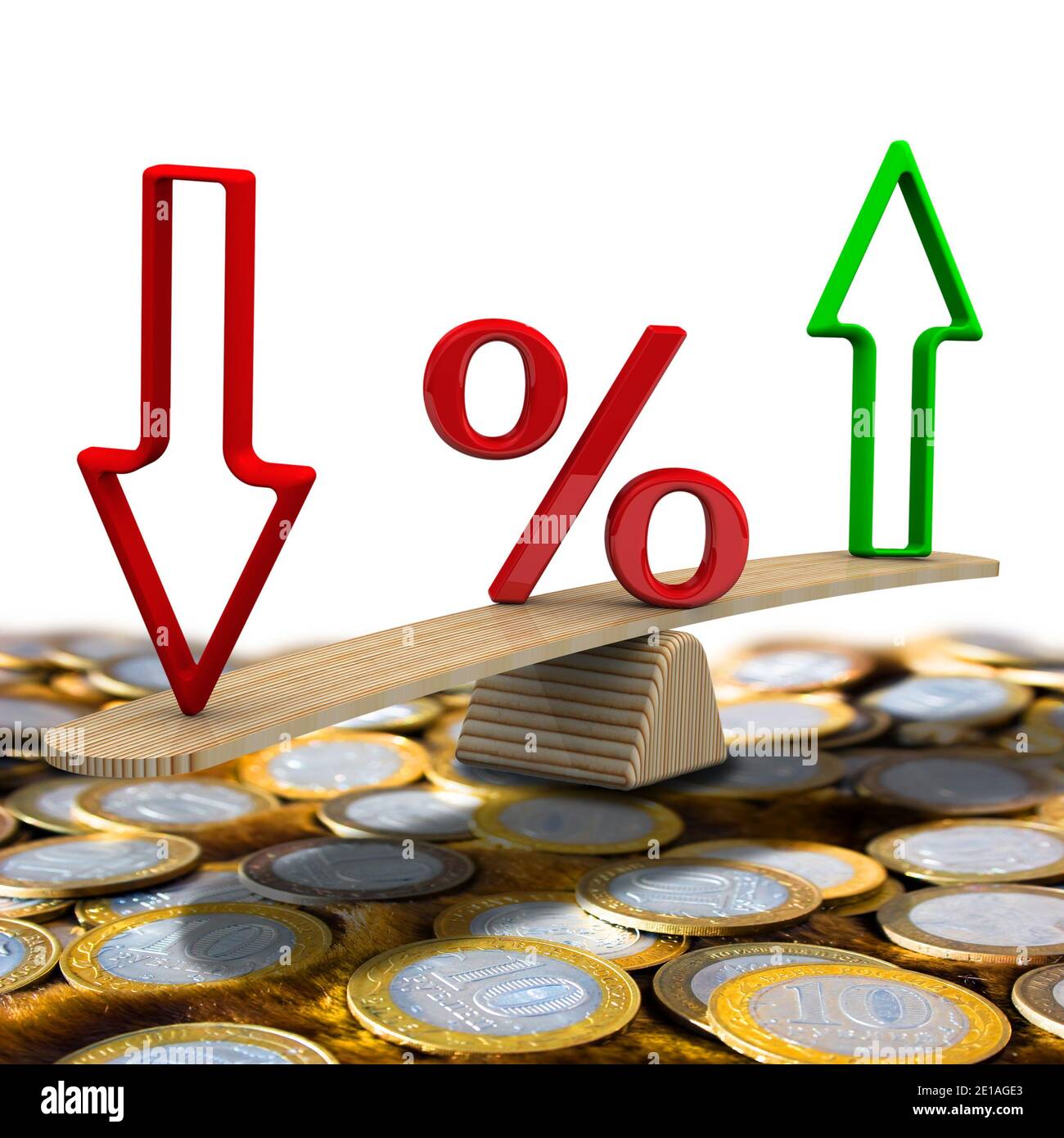 Changes in interest rates. Red percentage symbol and upward green arrow ...