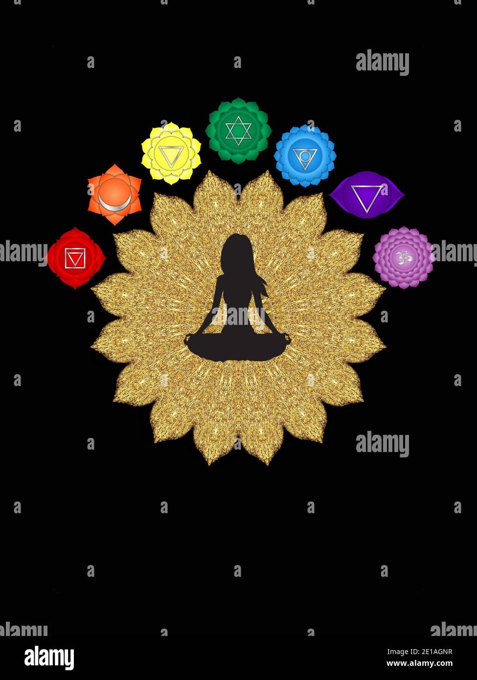 Spiritual background with chakras, woman silhouette, life tree and ...