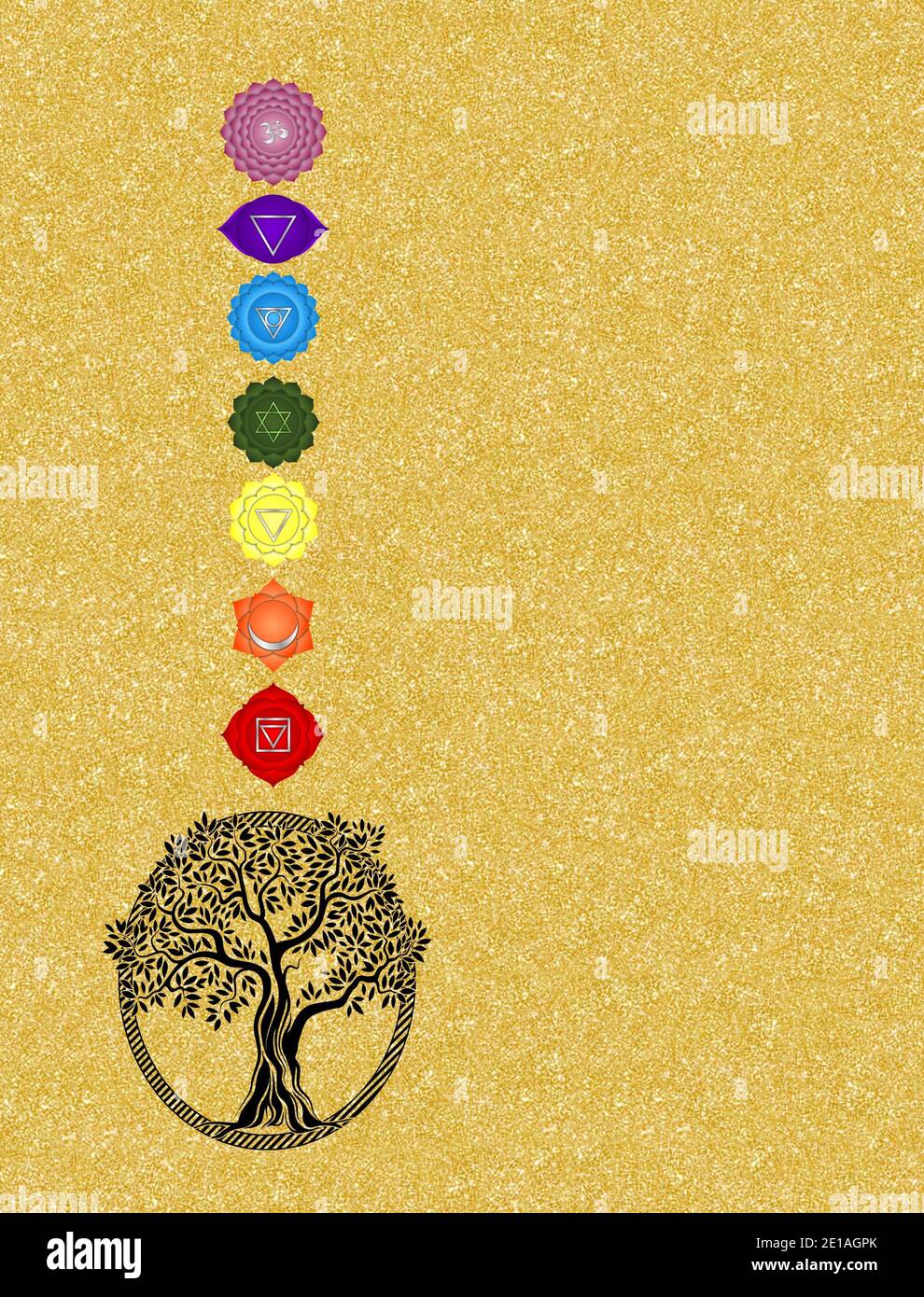 Spiritual background with chakras, woman silhouette, life tree and ...