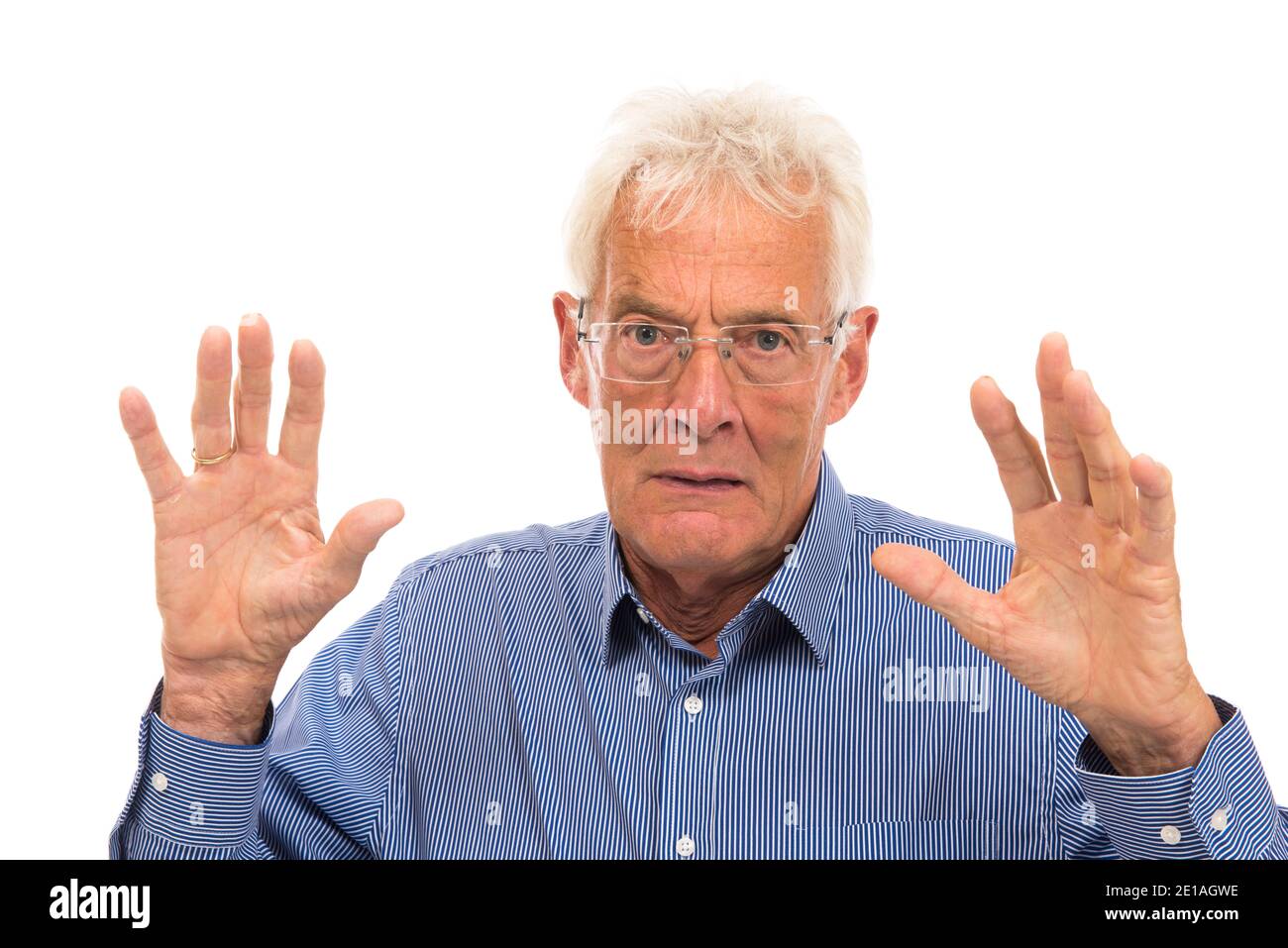 Portrait anxious senior man isolated against white background Stock ...
