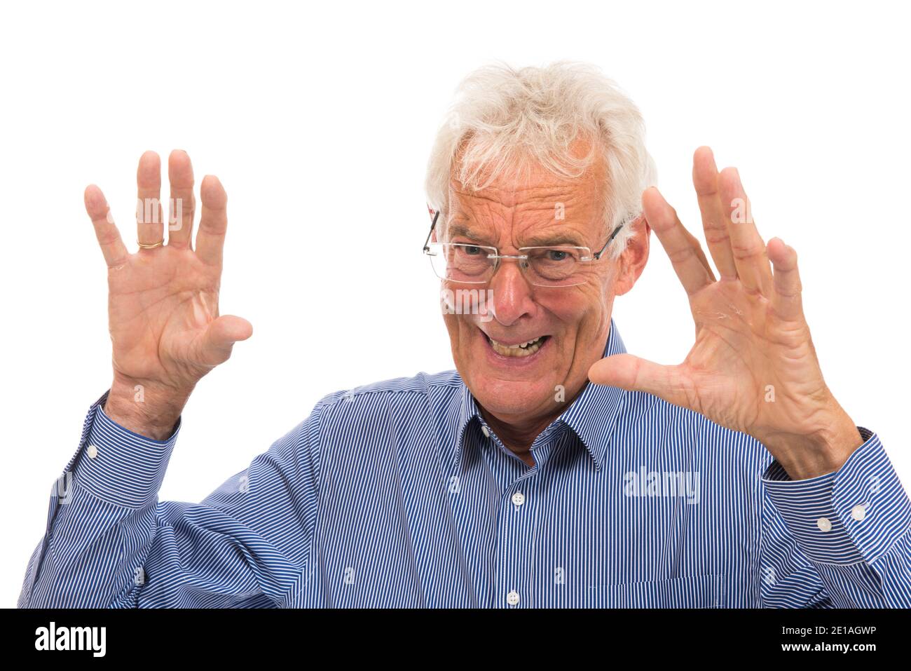 Portrait scaring senior man isolated against white background Stock ...