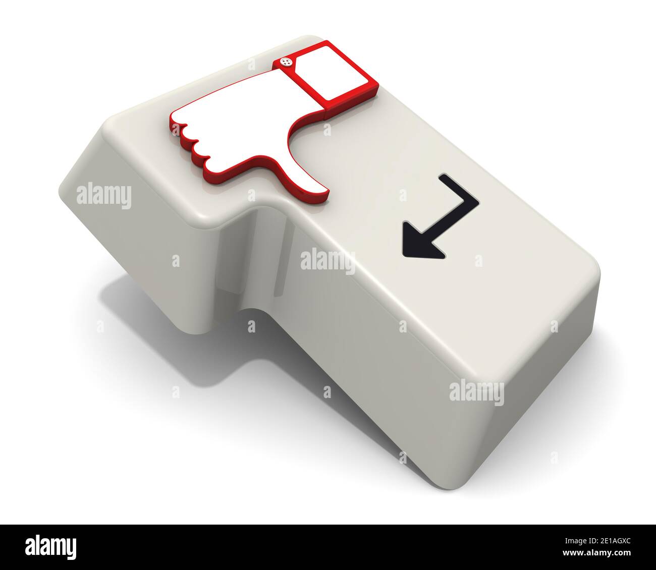 Negative feedback. ENTER key with thumb down sign. White keypad button ...