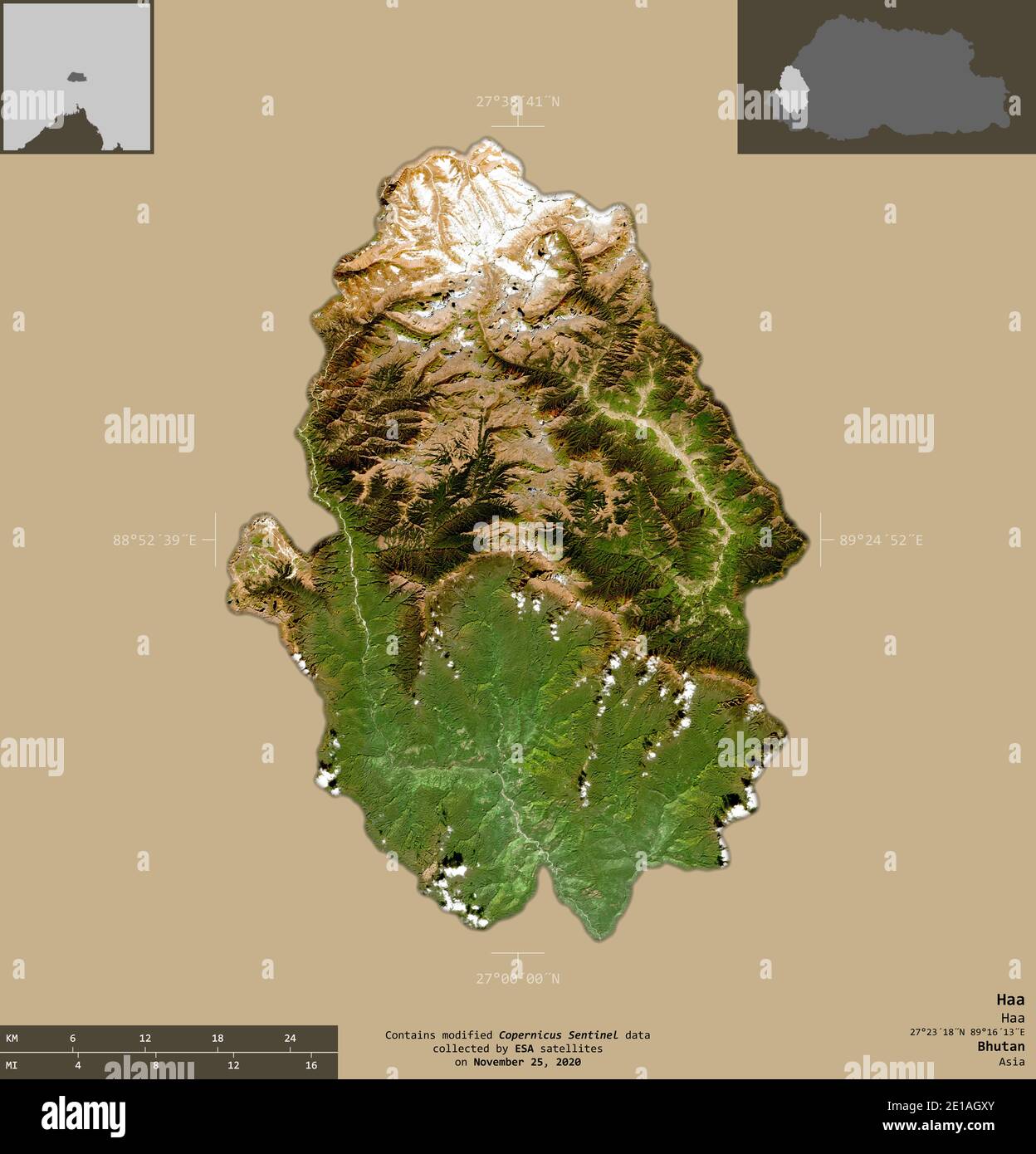Haa, district of Bhutan. Sentinel-2 satellite imagery. Shape isolated ...