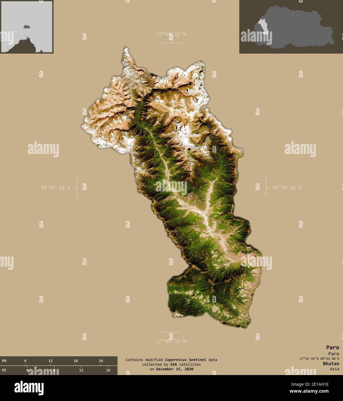 Paro, district of Bhutan. Sentinel-2 satellite imagery. Shape isolated ...