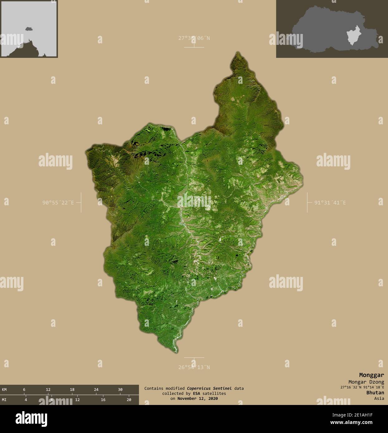 Monggar, district of Bhutan. Sentinel-2 satellite imagery. Shape ...