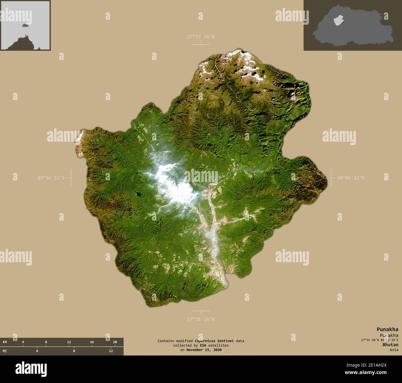 Punakha, district of Bhutan. Sentinel-2 satellite imagery. Shape ...
