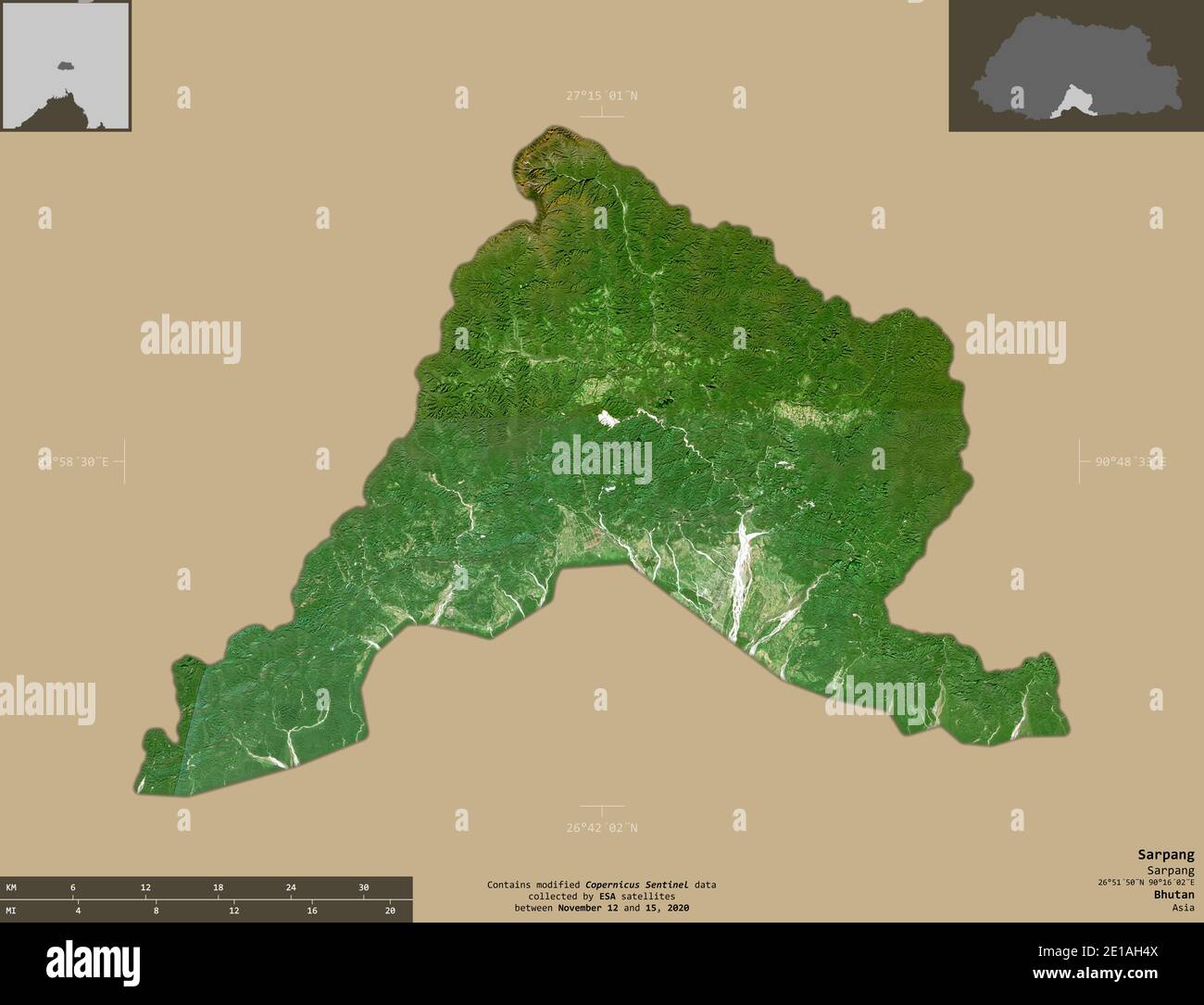 Sarpang, district of Bhutan. Sentinel-2 satellite imagery. Shape ...