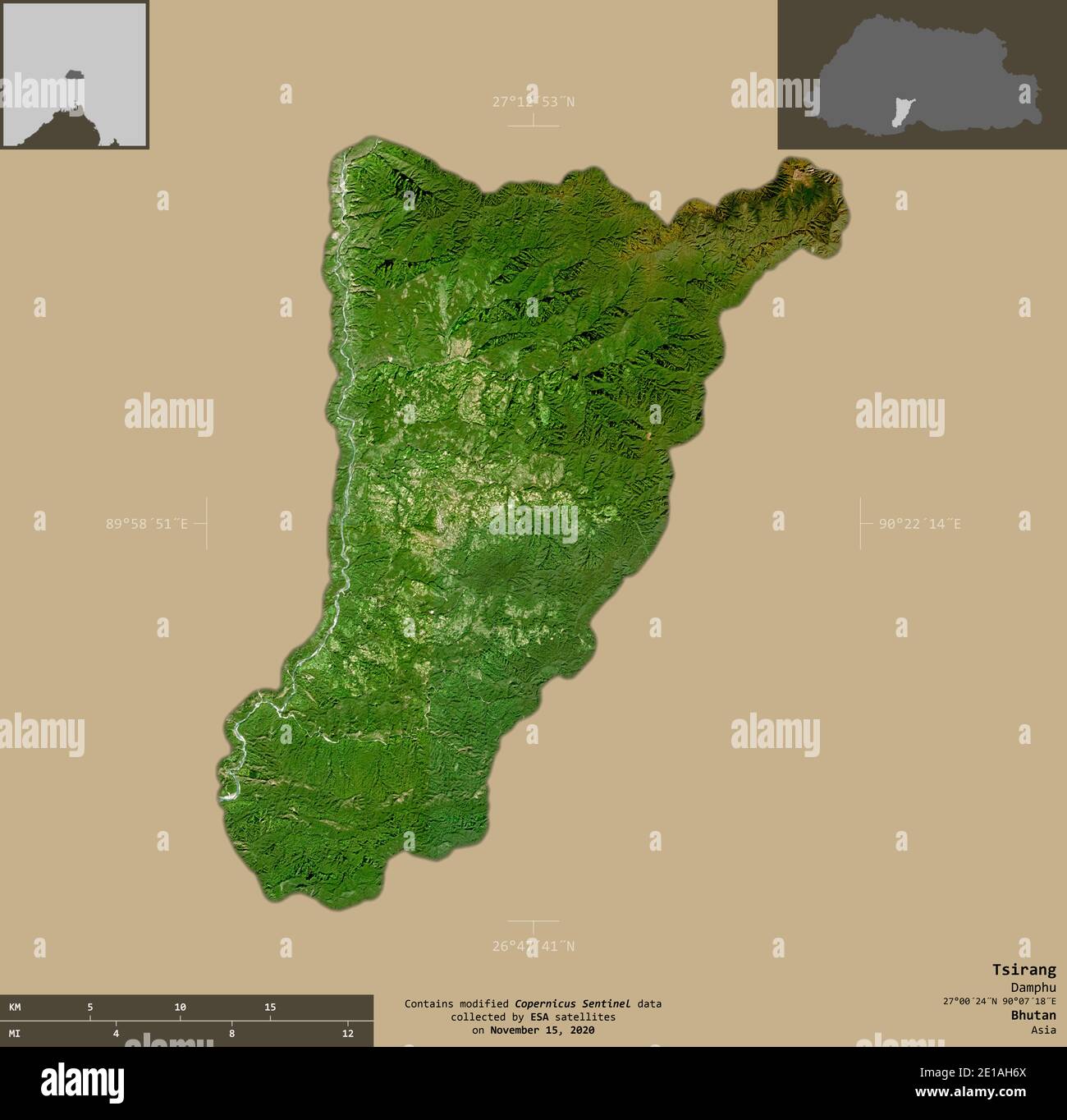 Tsirang, district of Bhutan. Sentinel-2 satellite imagery. Shape ...