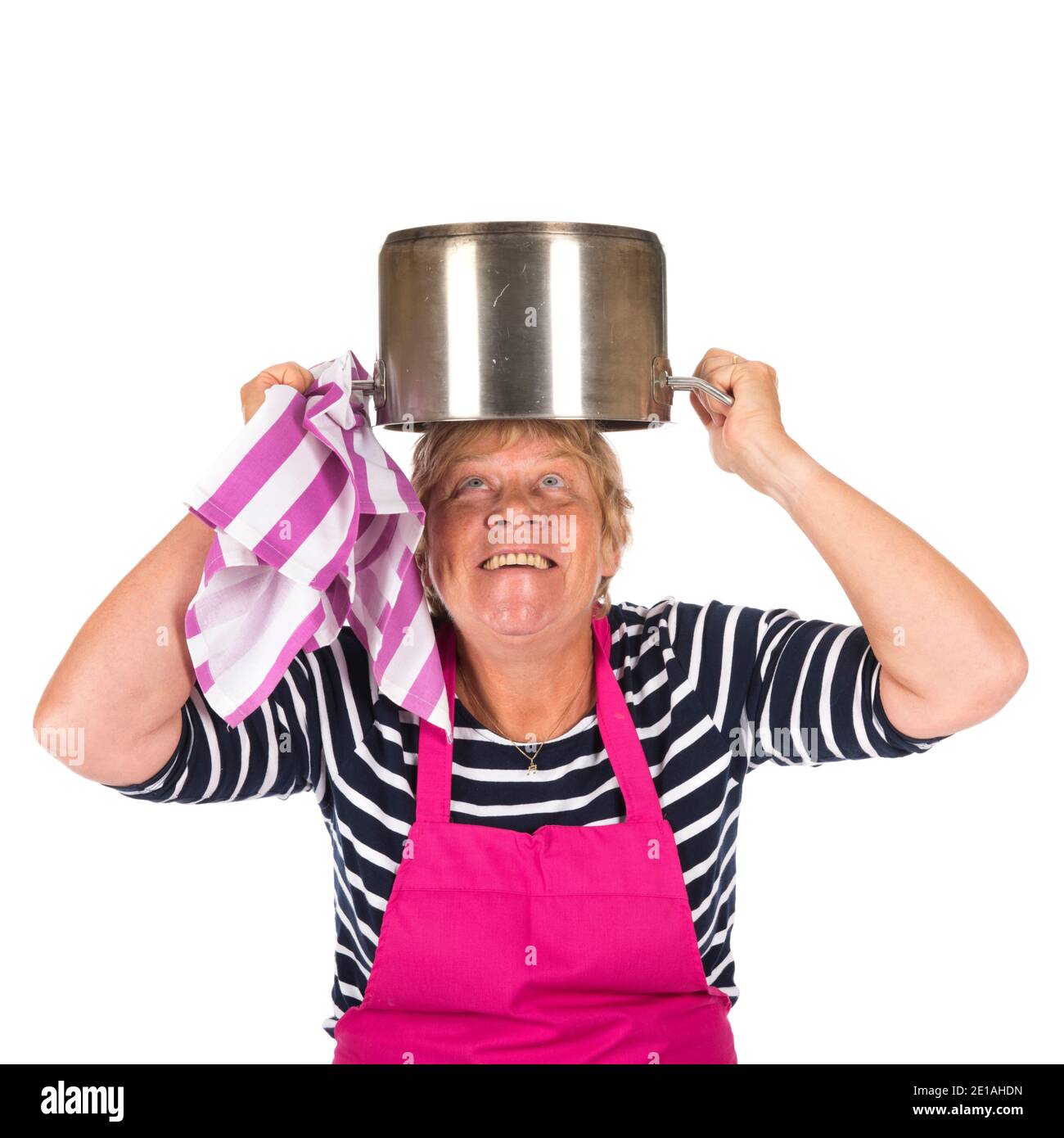 Funny elder woman with pan on the head isolated over white background ...