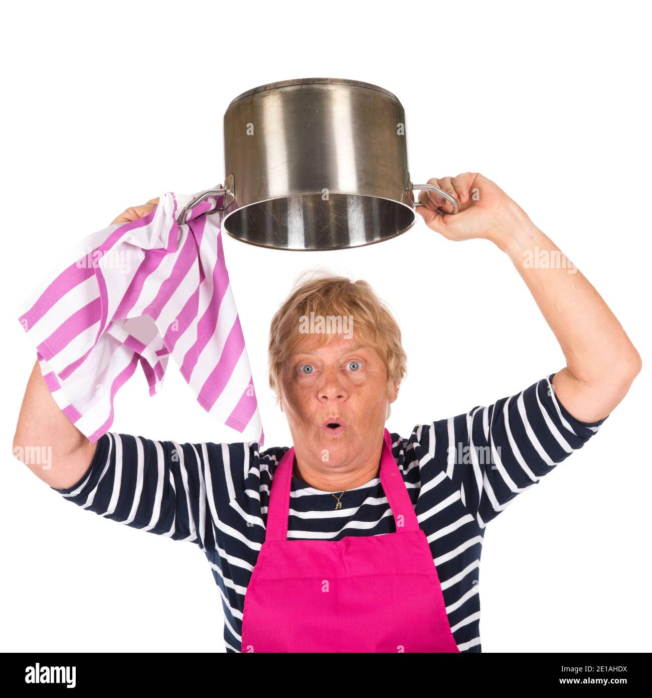 Funny elder woman with pan on the head isolated over white background ...