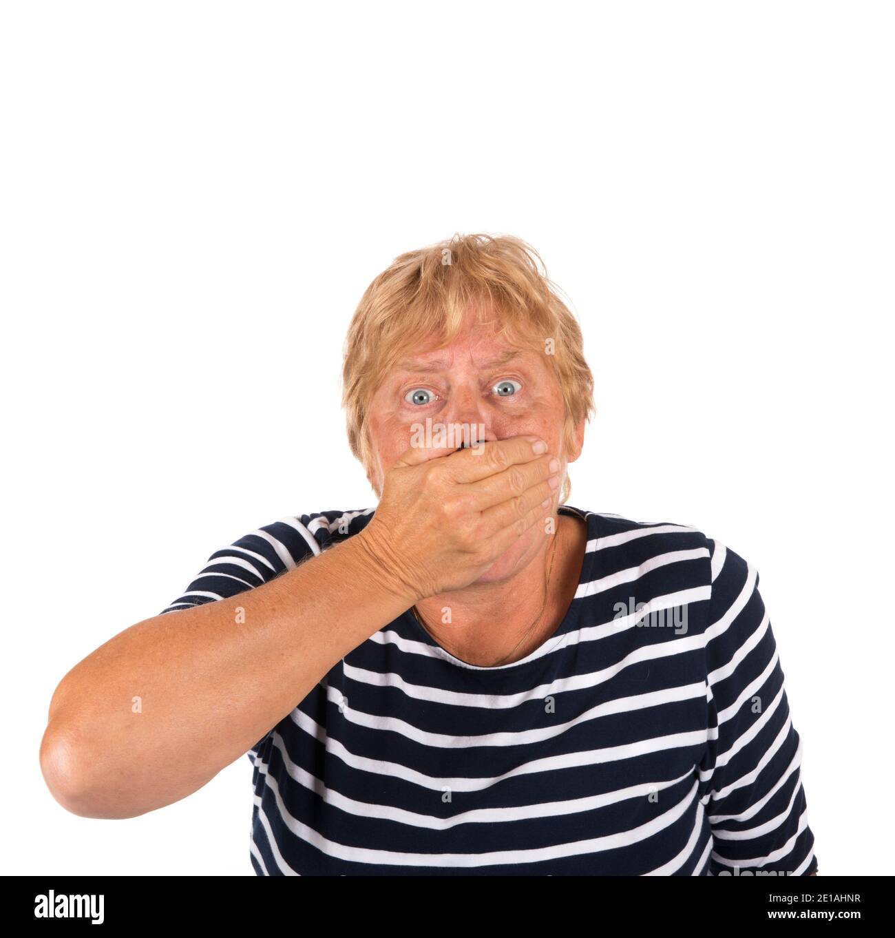 Scared blonde elder woman isolated over white background Stock Photo ...