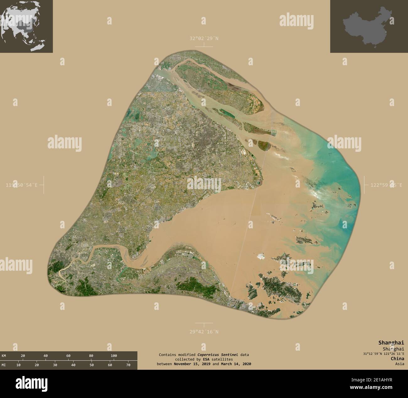 Shanghai, municipality of China. Sentinel-2 satellite imagery. Shape ...