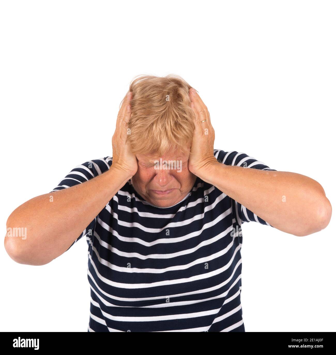Portrait blonde senior woman with noise disturbance on white background ...
