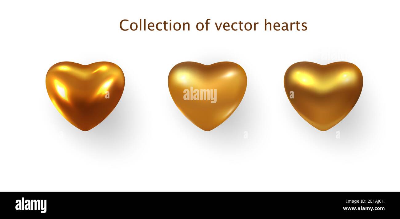 Gold colored Hearts realistic decoration 3d object. Set of Romantic ...