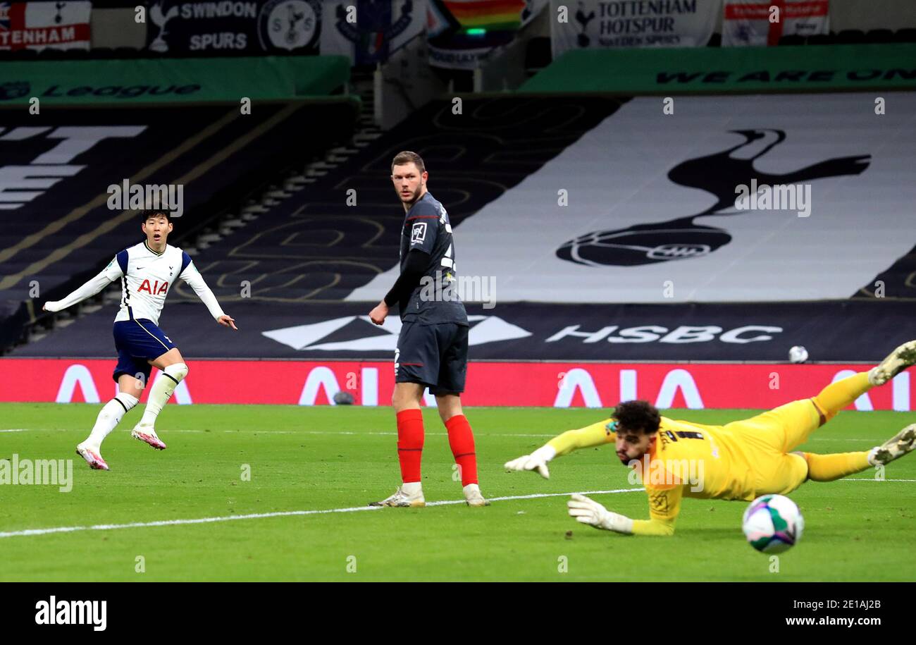 Tottenham Hotspurs Son Heung Min Watches His Shot Go Wide During The