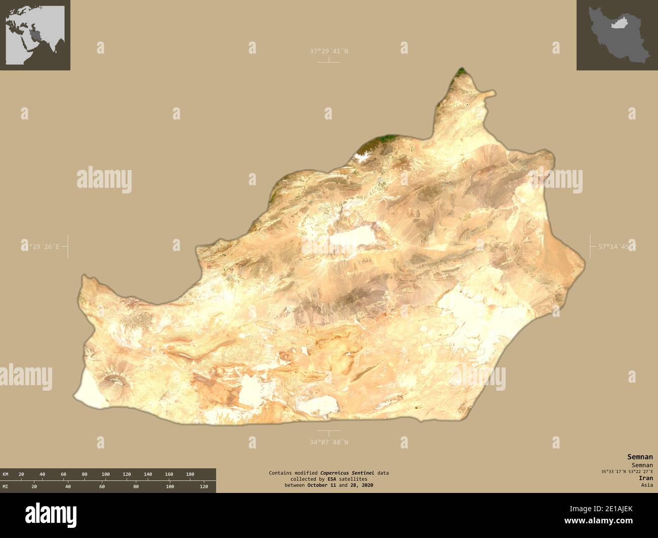 Semnan, province of Iran. Sentinel-2 satellite imagery. Shape isolated ...