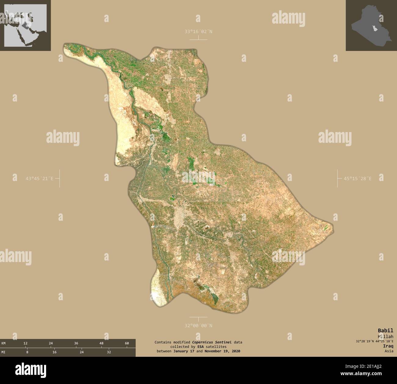 Babil, province of Iraq. Sentinel-2 satellite imagery. Shape isolated ...