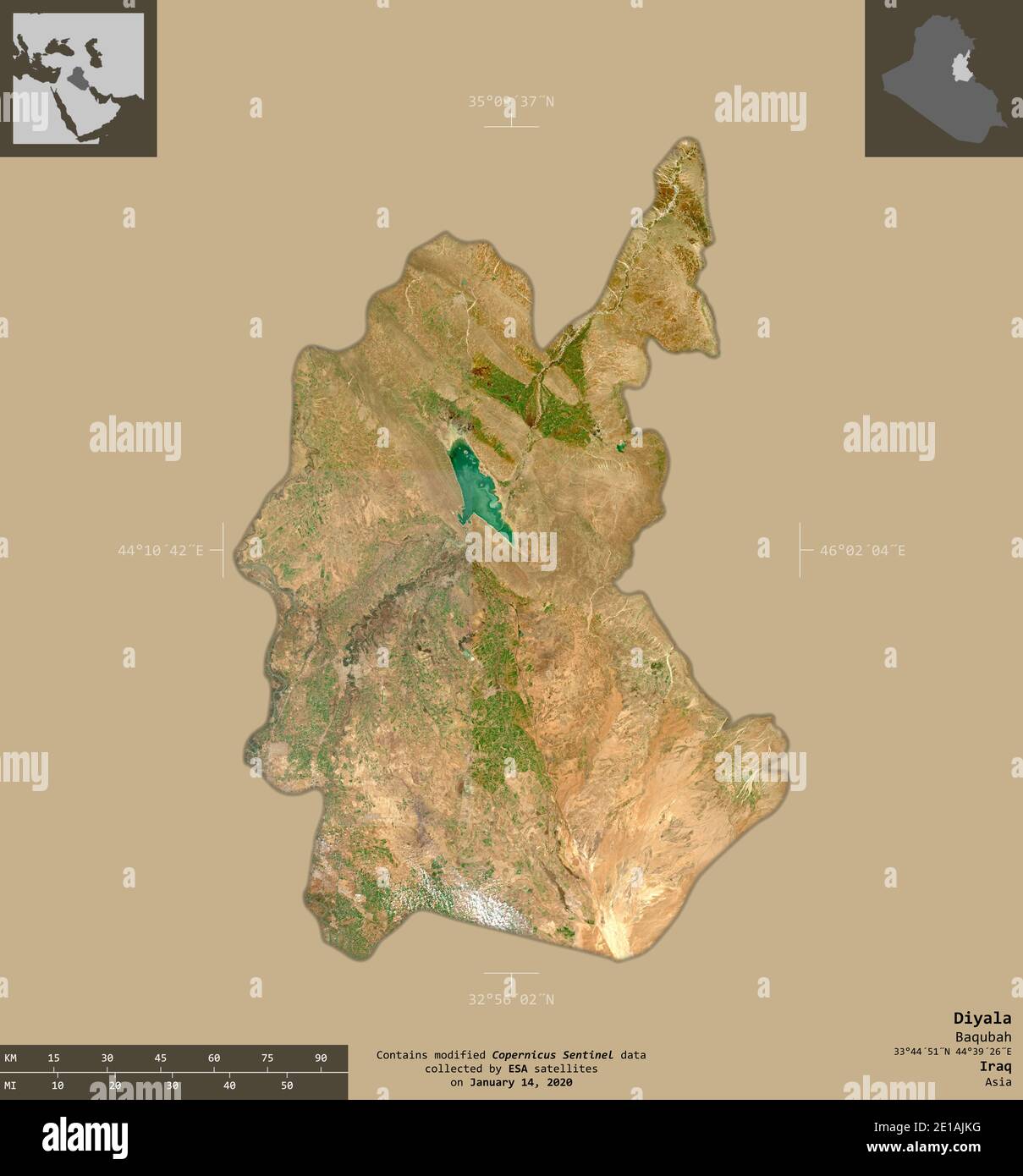 Diyala, province of Iraq. Sentinel-2 satellite imagery. Shape isolated ...