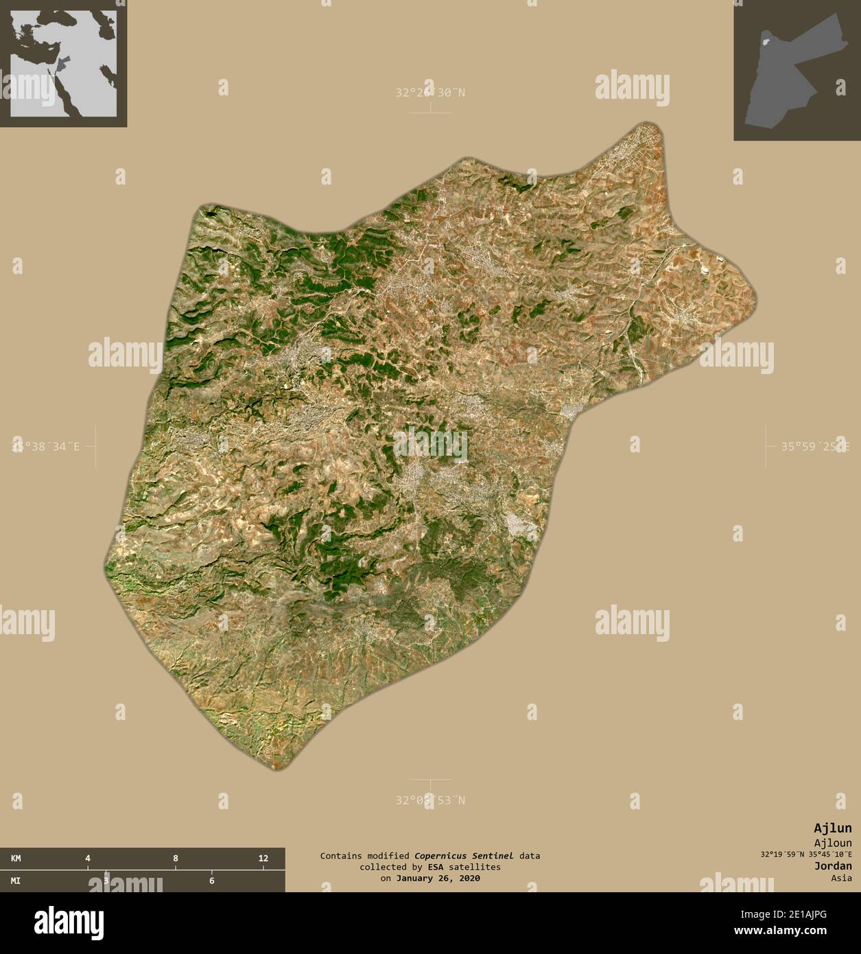 Ajlun, province of Jordan. Sentinel-2 satellite imagery. Shape isolated ...