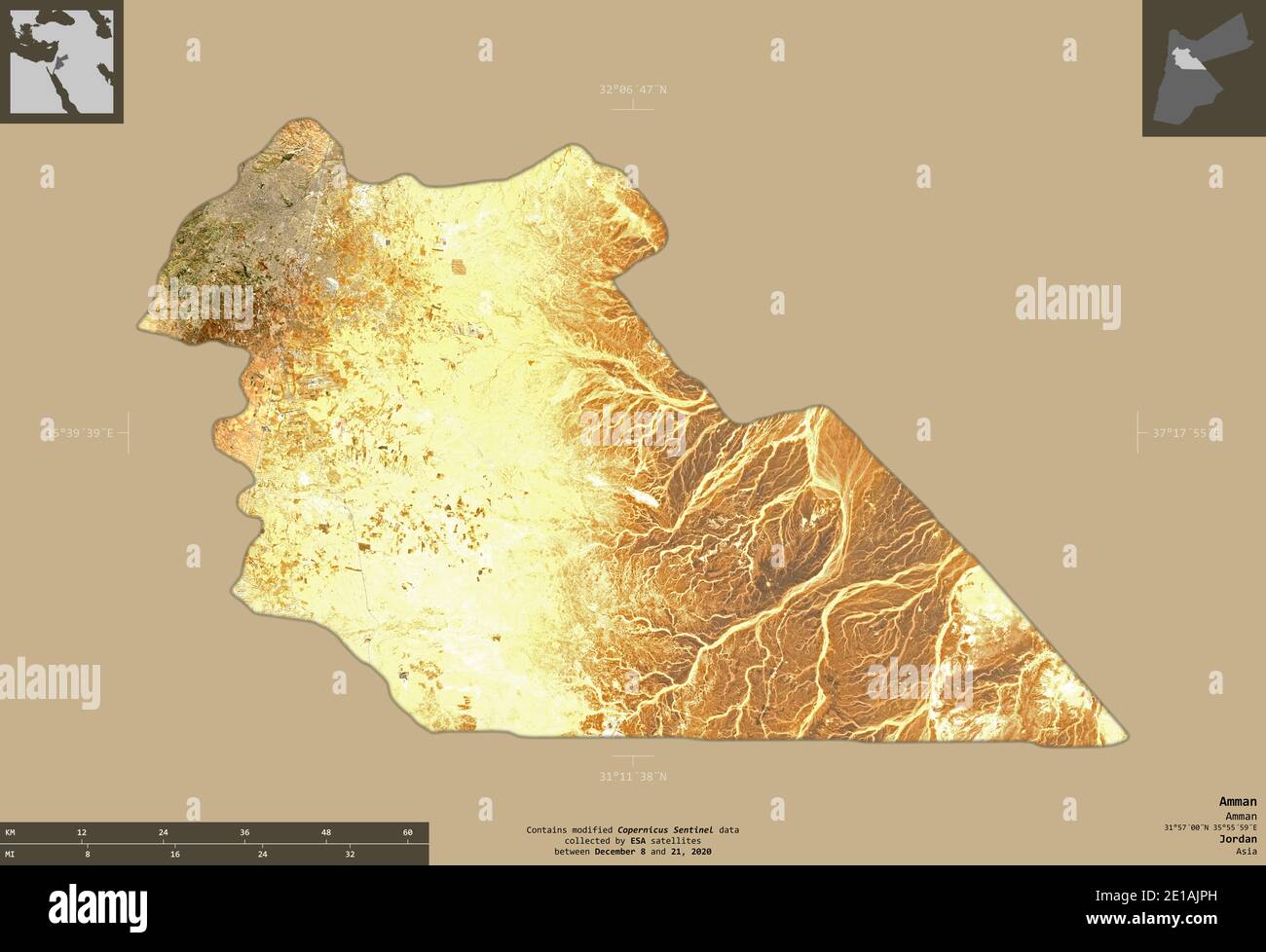 Amman, province of Jordan. Sentinel-2 satellite imagery. Shape isolated ...