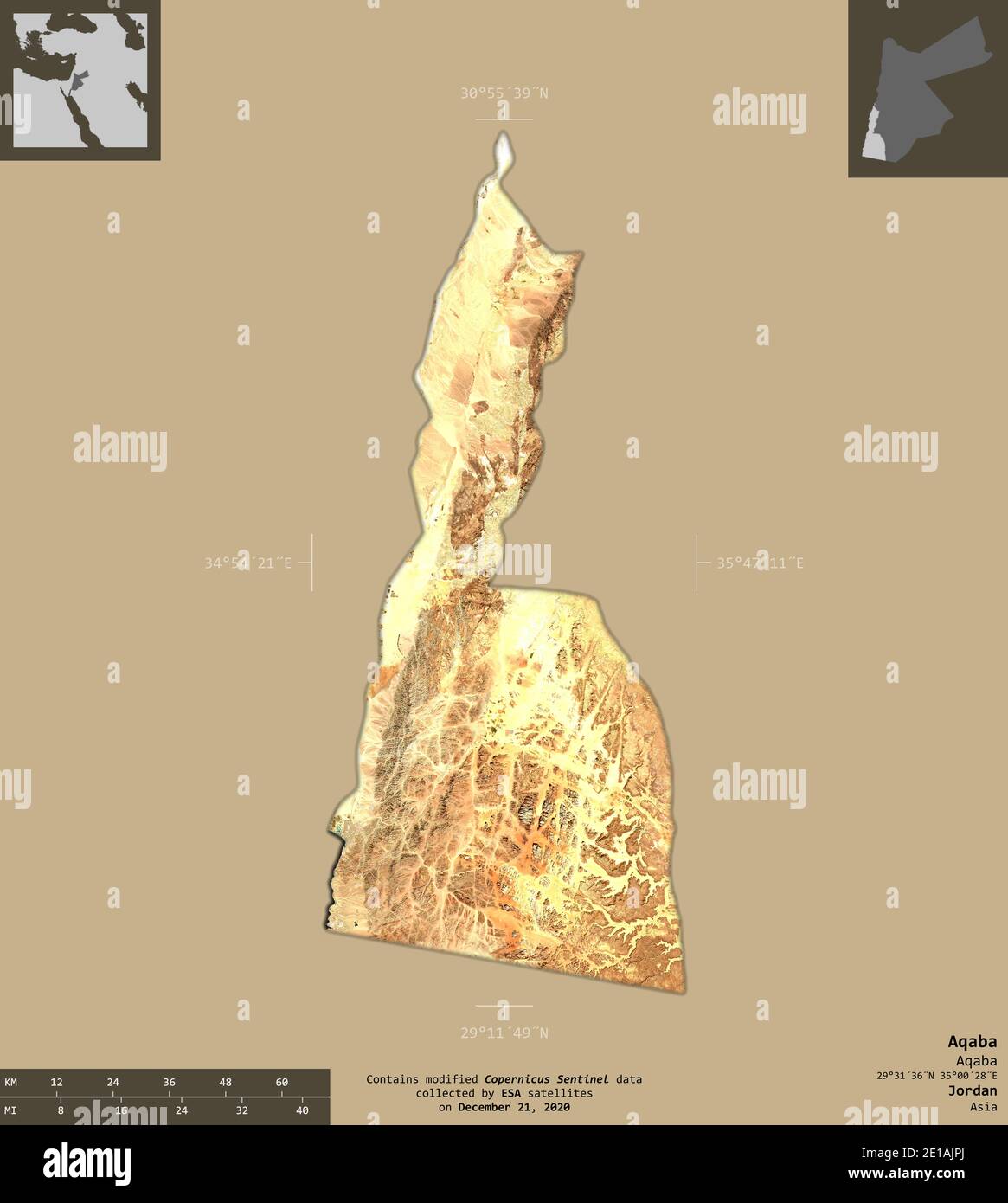 Aqaba, province of Jordan. Sentinel-2 satellite imagery. Shape isolated ...