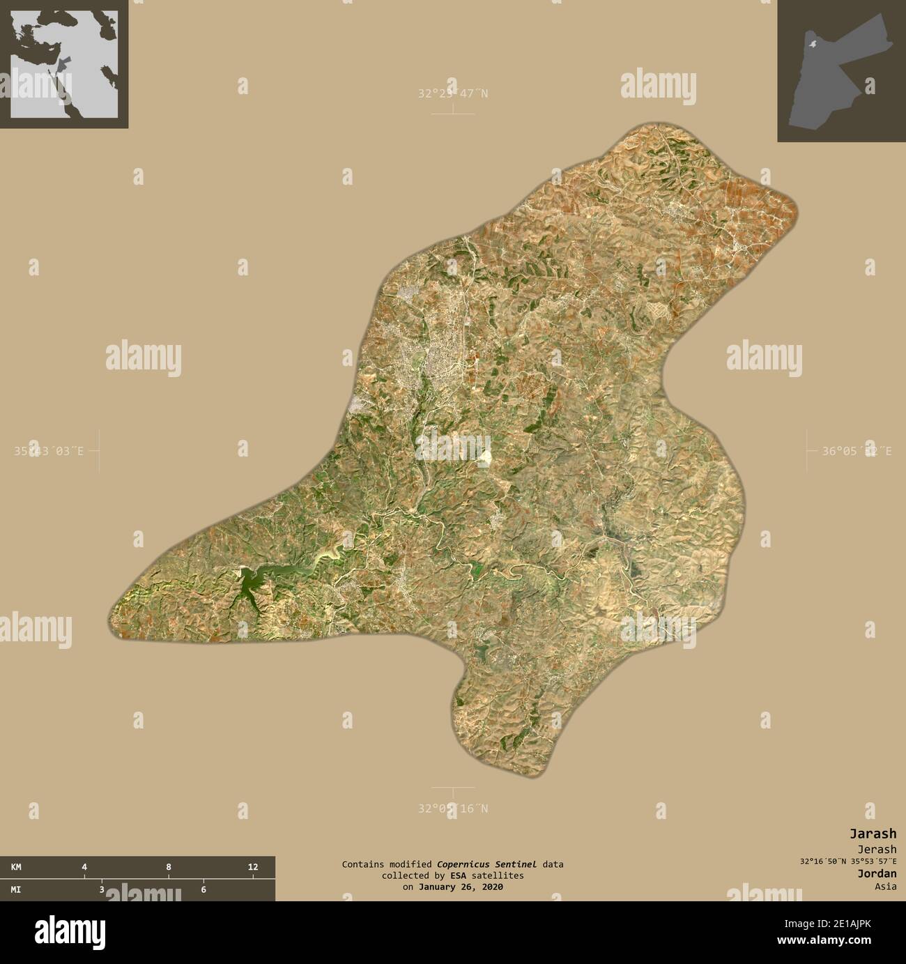 Jarash, province of Jordan. Sentinel-2 satellite imagery. Shape ...