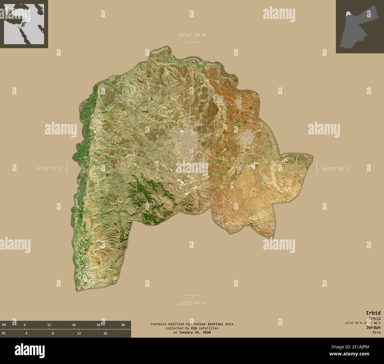 Irbid, province of Jordan. Sentinel-2 satellite imagery. Shape isolated ...