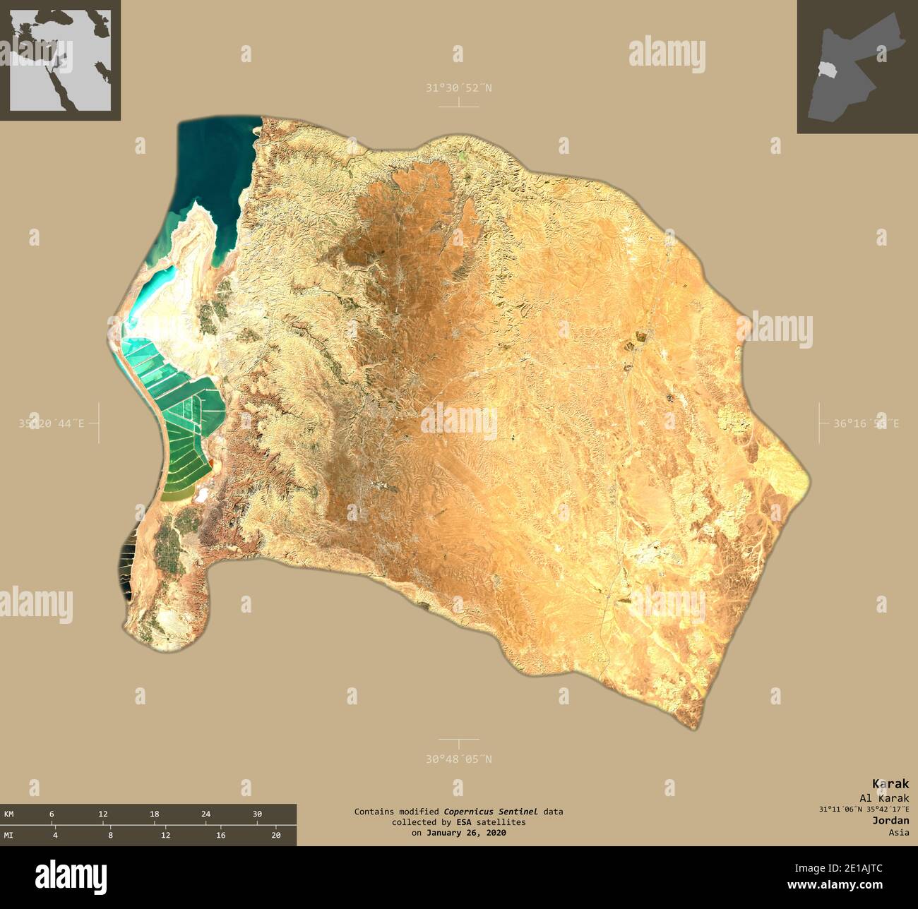 Karak, province of Jordan. Sentinel-2 satellite imagery. Shape isolated ...