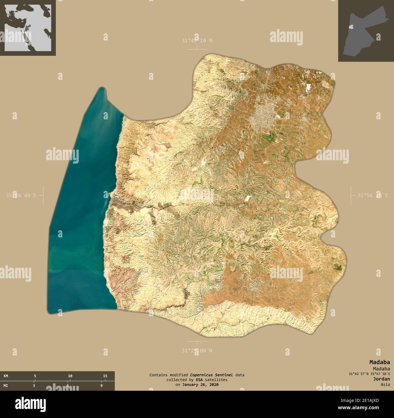 Madaba, province of Jordan. Sentinel-2 satellite imagery. Shape ...