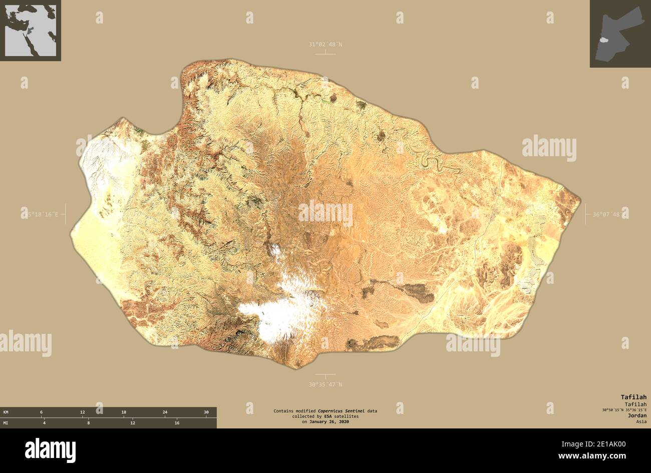 Tafilah, province of Jordan. Sentinel-2 satellite imagery. Shape ...