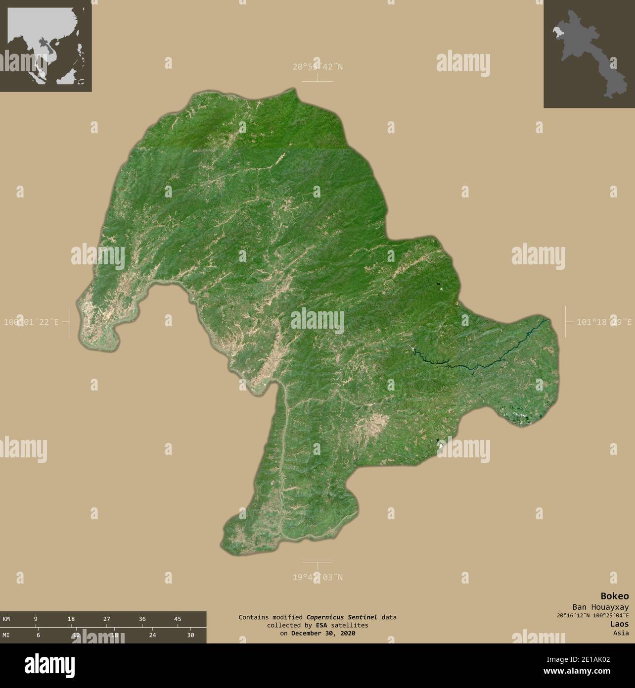 Bokeo, province of Laos. Sentinel-2 satellite imagery. Shape isolated on solid background with ...