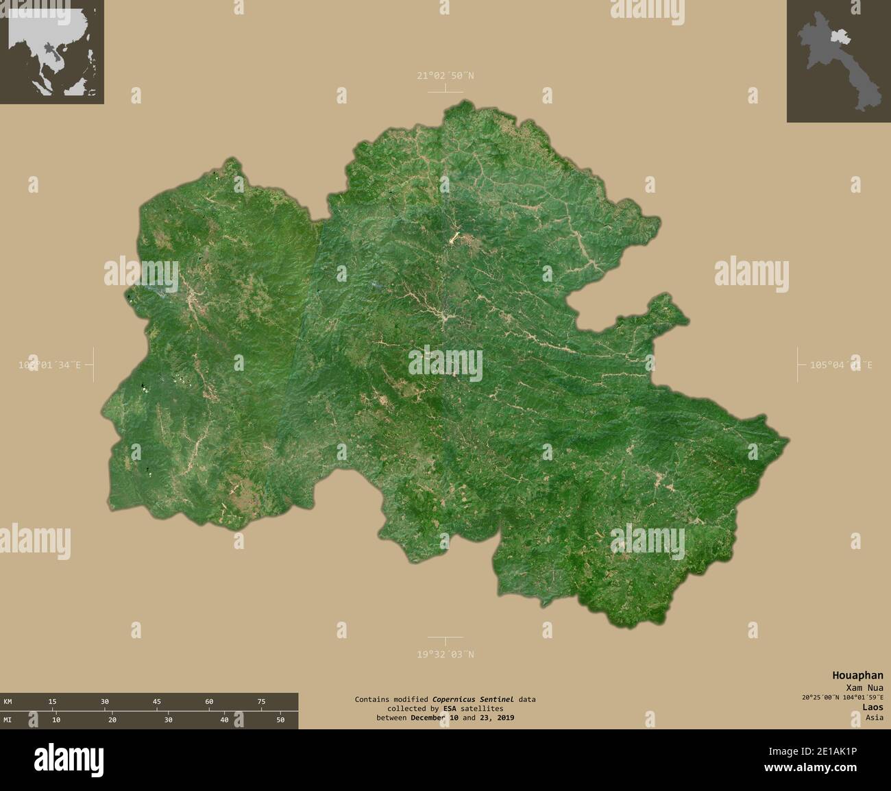 Houaphan, province of Laos. Sentinel-2 satellite imagery. Shape ...