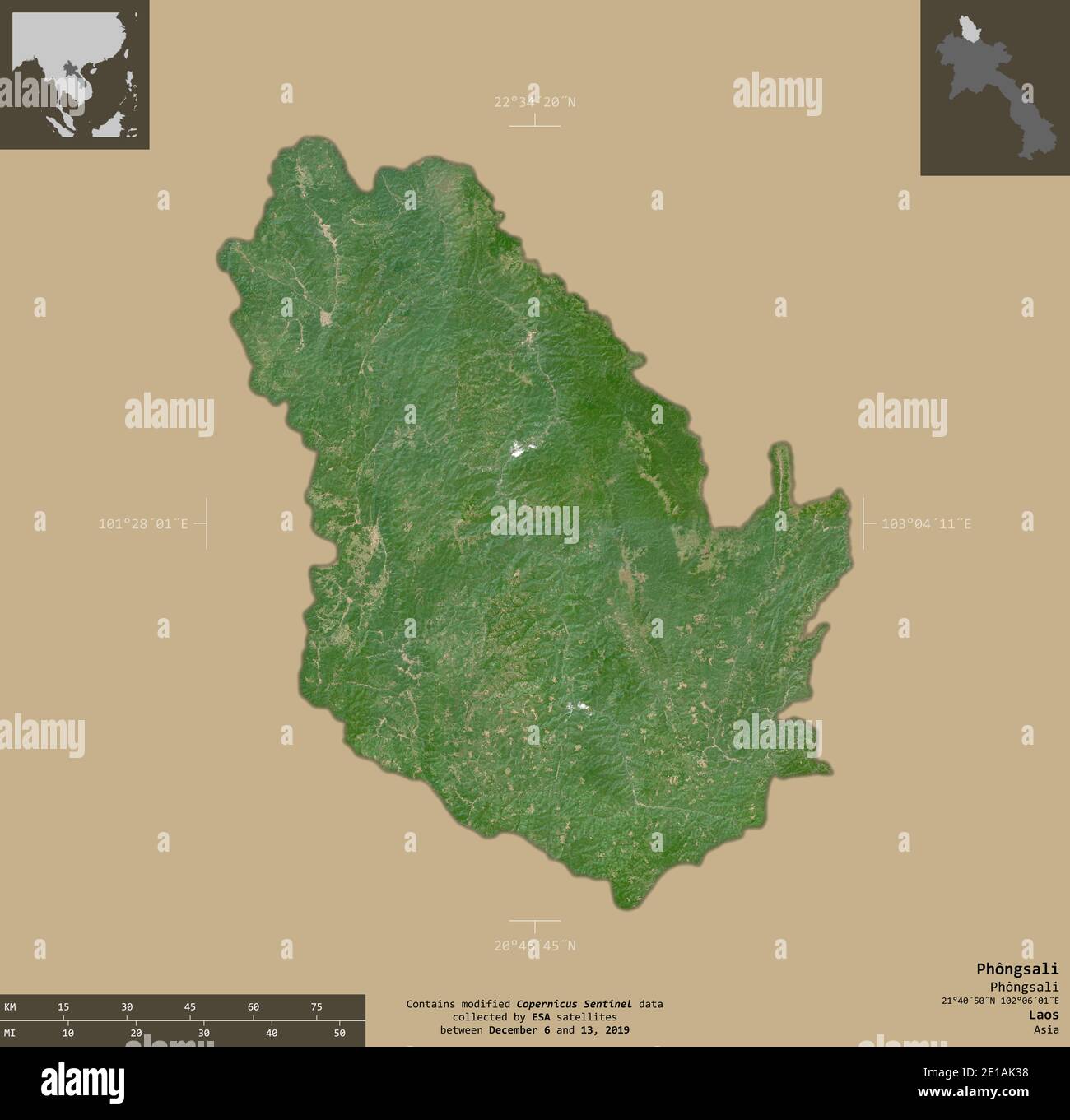 Phongsali, province of Laos. Sentinel-2 satellite imagery. Shape ...