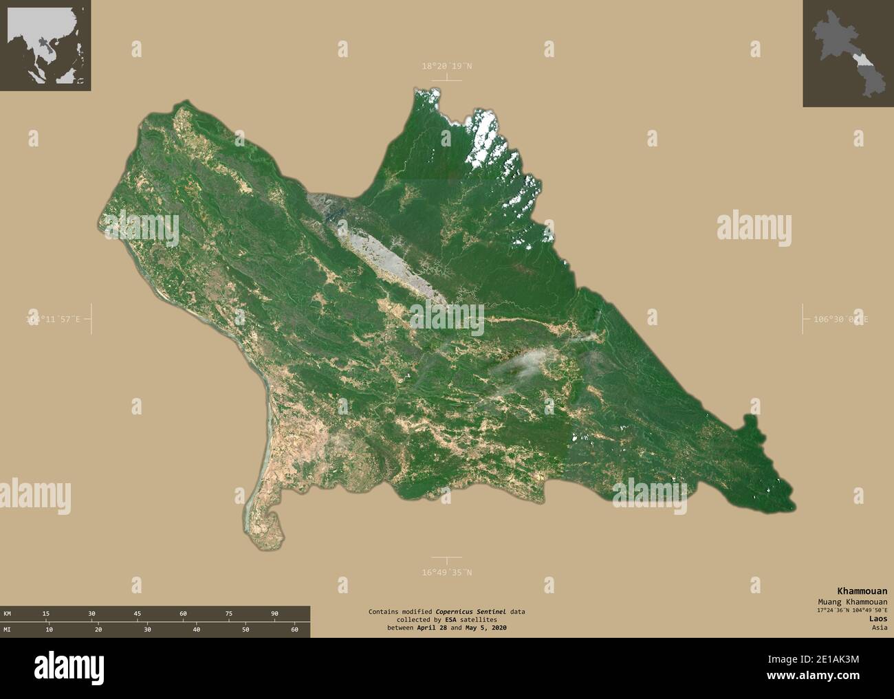 Khammouan, province of Laos. Sentinel-2 satellite imagery. Shape ...