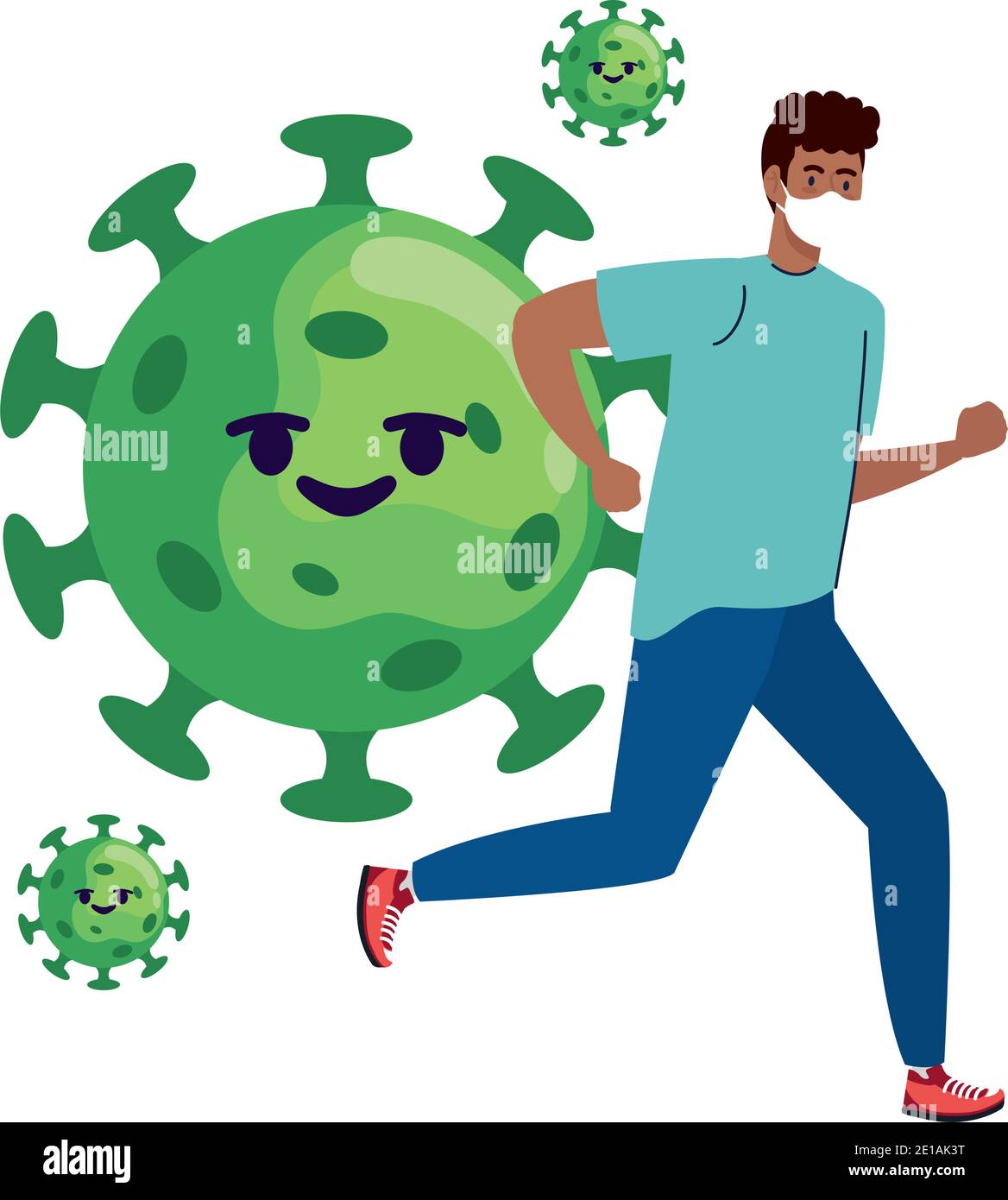 man wearing medical mask running with covid19 particles comic ...