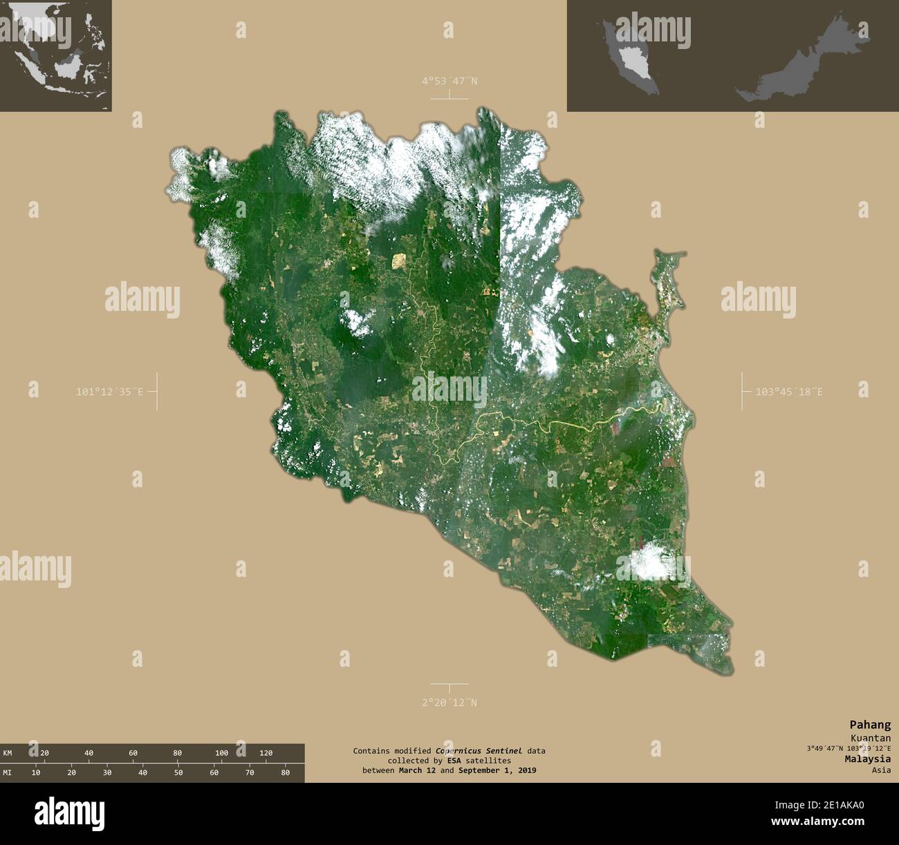 Pahang, state of Malaysia. Sentinel-2 satellite imagery. Shape isolated ...