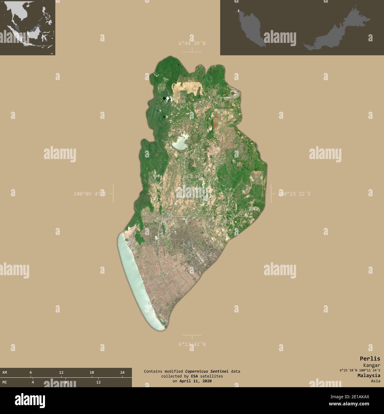 Perlis, state of Malaysia. Sentinel-2 satellite imagery. Shape isolated ...