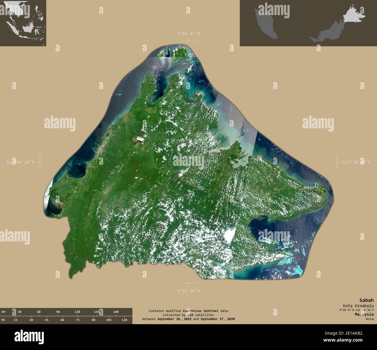 Sabah, state of Malaysia. Sentinel-2 satellite imagery. Shape isolated ...